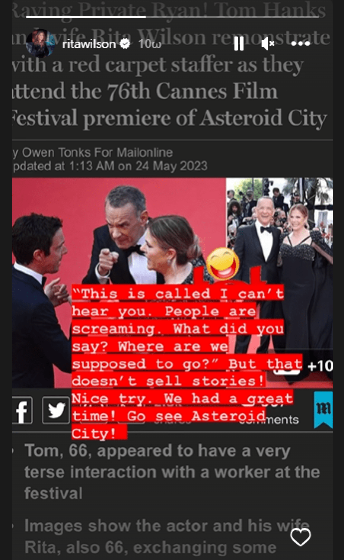 Τομ Χανκς: Το «θερμό» επεισόδιο στις Κάννες και η απάντηση της Ρίτα Γουίλσον | LiFO