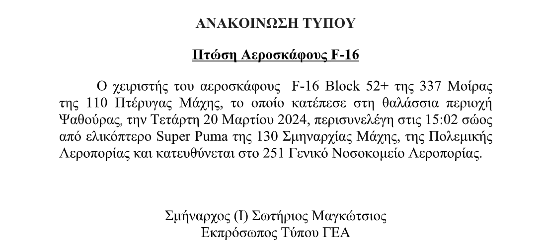 Μιάμιση ώρα μέσα στη θάλασσα ήταν ο πιλότος του F-16 που έπεσε στο ...